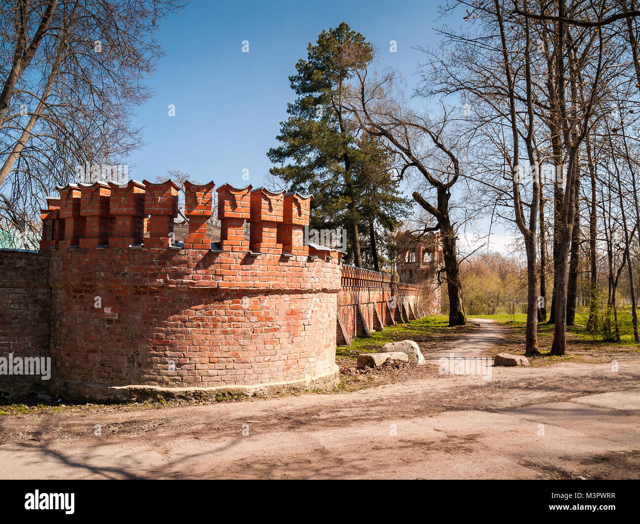Fragment of the fortified wall of red brick in the architectural ...