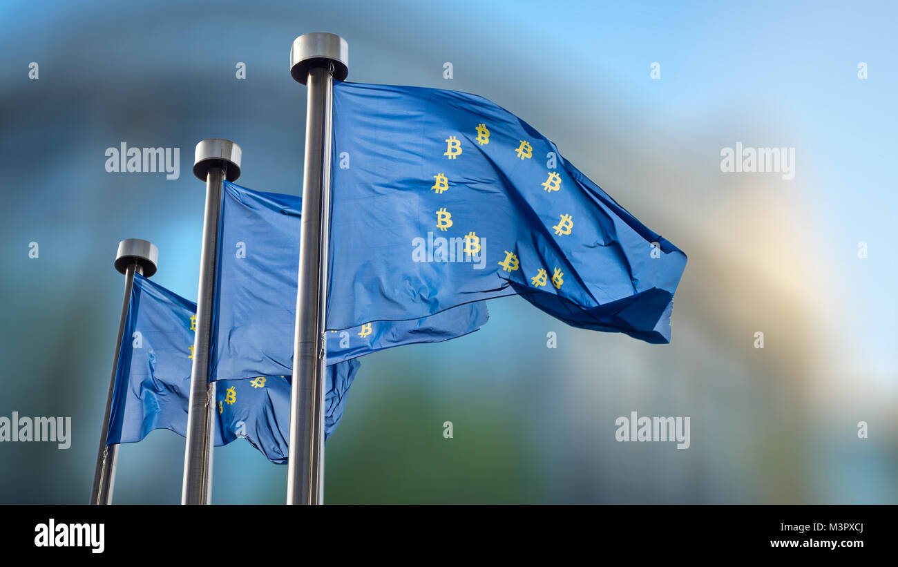 Bitcoin Currency Symbol on flag of the European Union. Conceptual image ...