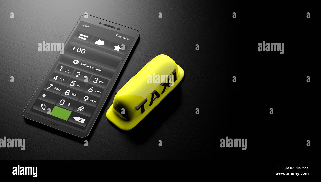 Taxi service concept. Smartphone number keypad and a yellow taxi sign ...