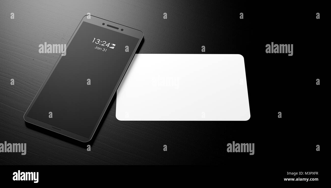 Smartphone with blank black screen and a white paper on a black wooden ...