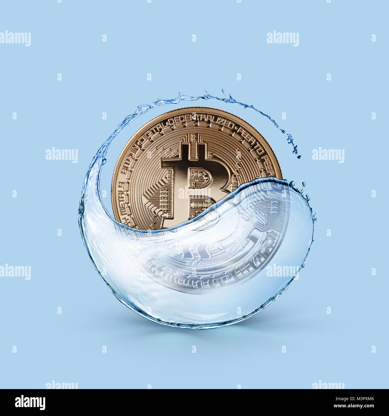 Gold coin bitcoin in a splash of water on a blue background Stock Photo ...