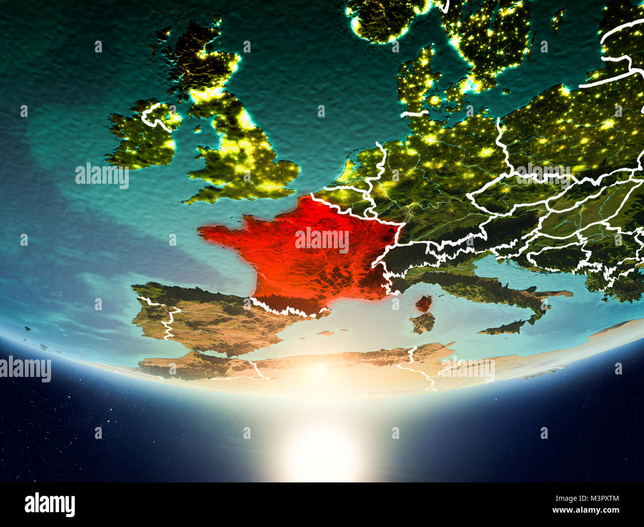 France from orbit of planet Earth in sunrise with highly detailed ...