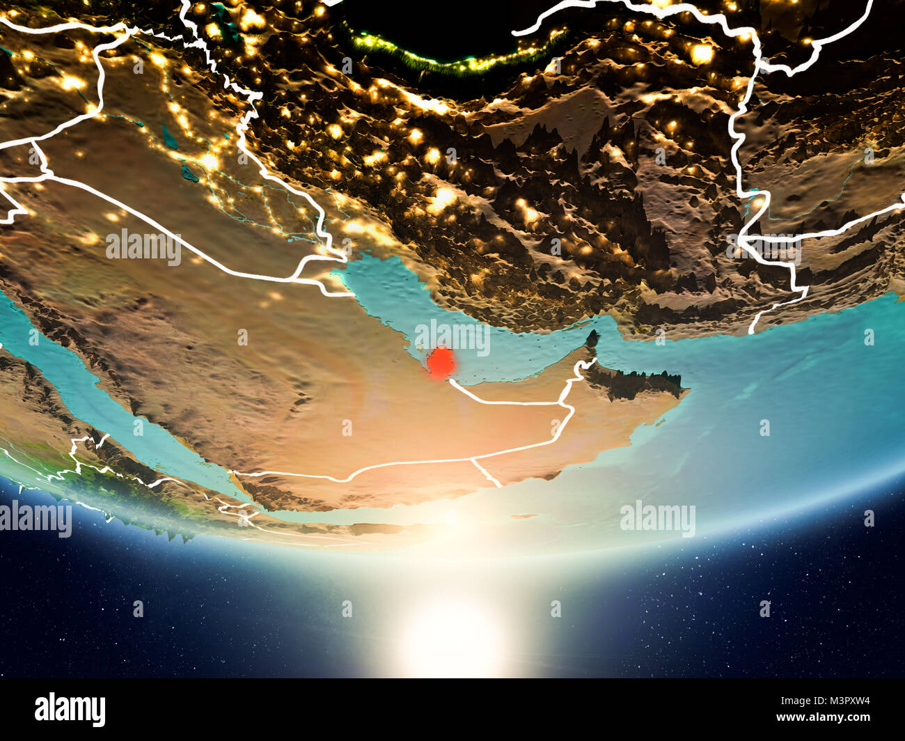 Qatar from orbit of planet Earth in sunrise with highly detailed ...