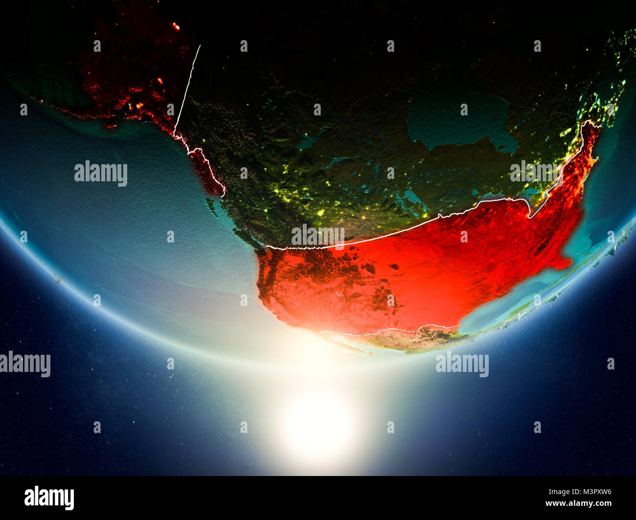 USA from orbit of planet Earth in sunrise with highly detailed surface ...