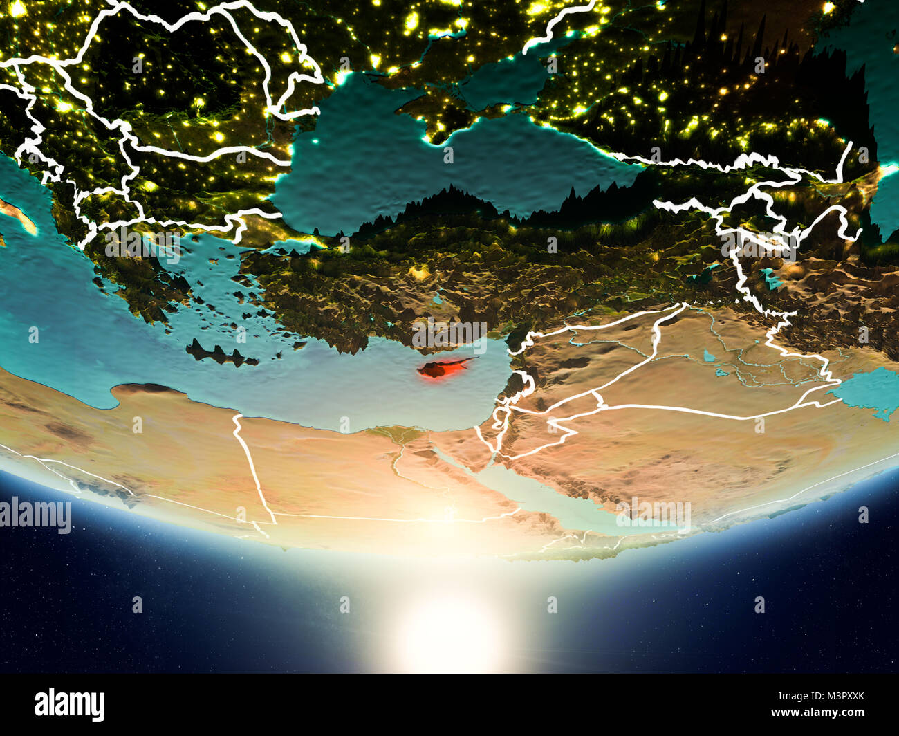 Cyprus from orbit of planet Earth in sunrise with highly detailed ...