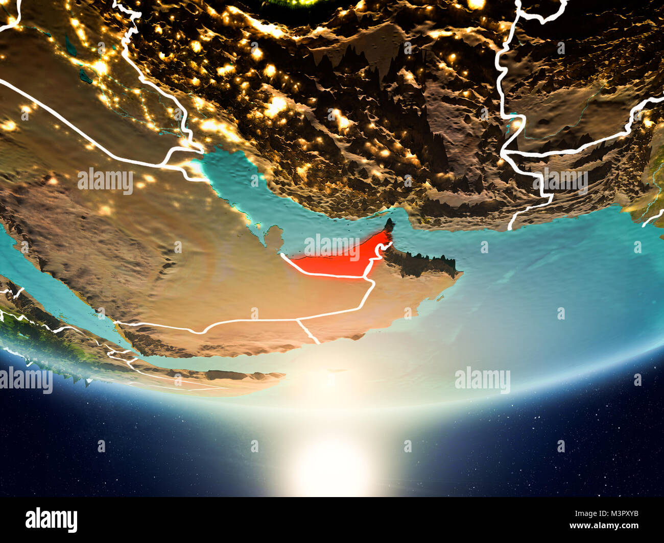 United Arab Emirates from orbit of planet Earth in sunrise with highly ...