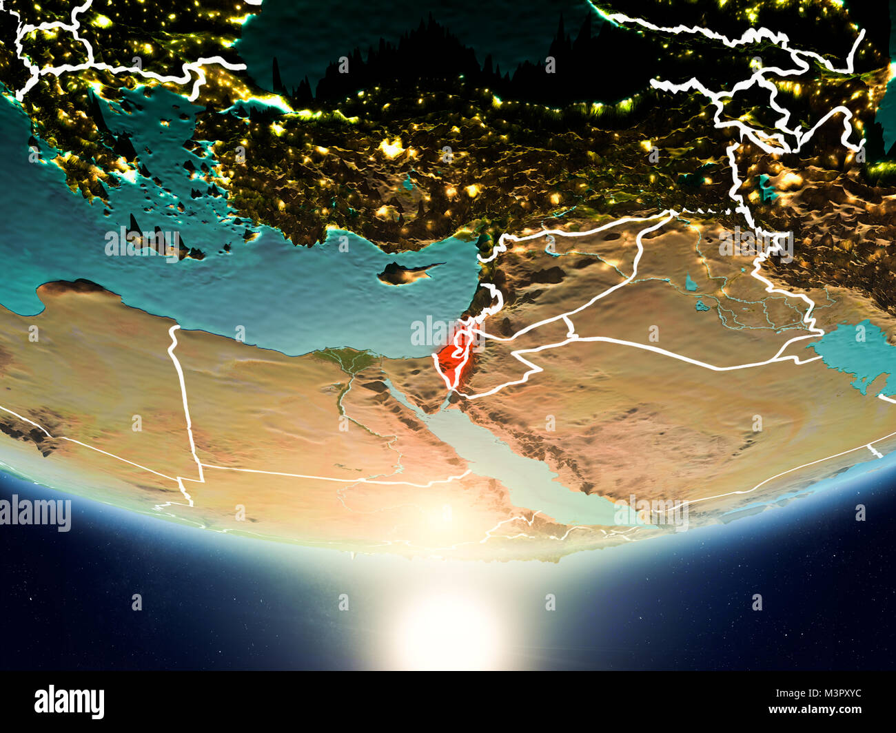 Israel from orbit of planet Earth in sunrise with highly detailed ...