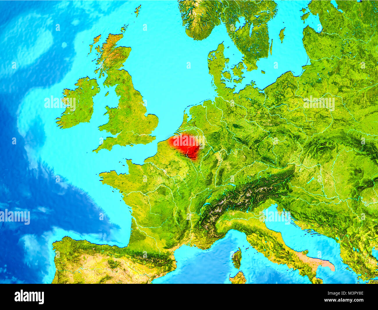 Belgium highlighted in red on planet Earth. 3D illustration. Elements of this image furnished by ...