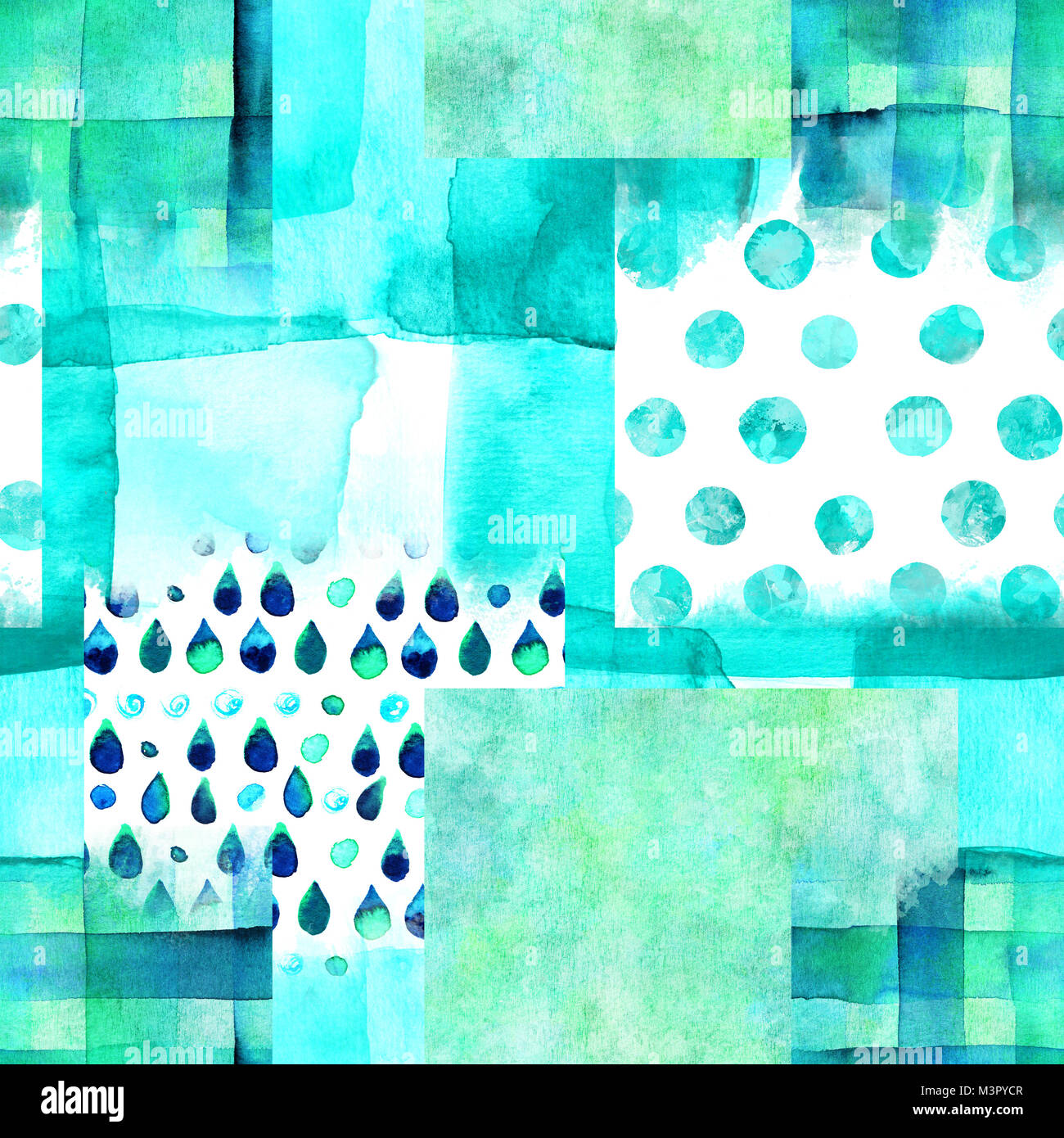 An abstract patchwork seamless watercolor pattern in teal blue Stock ...