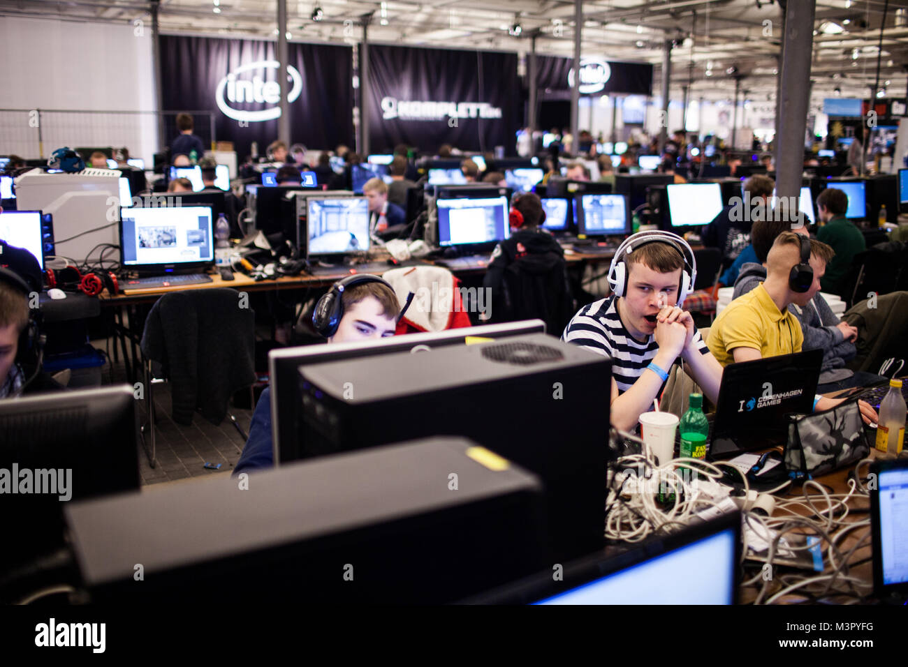 A group of young men is lined up in front of their computers at a LAN ...