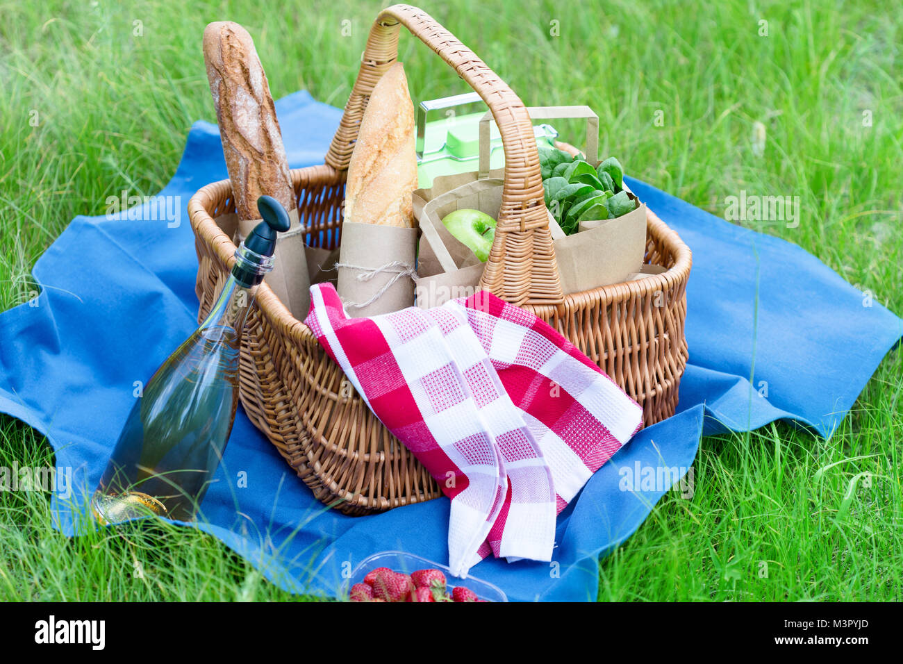 Summer picnic basket with snacks on green grass for meal with outdoor ...
