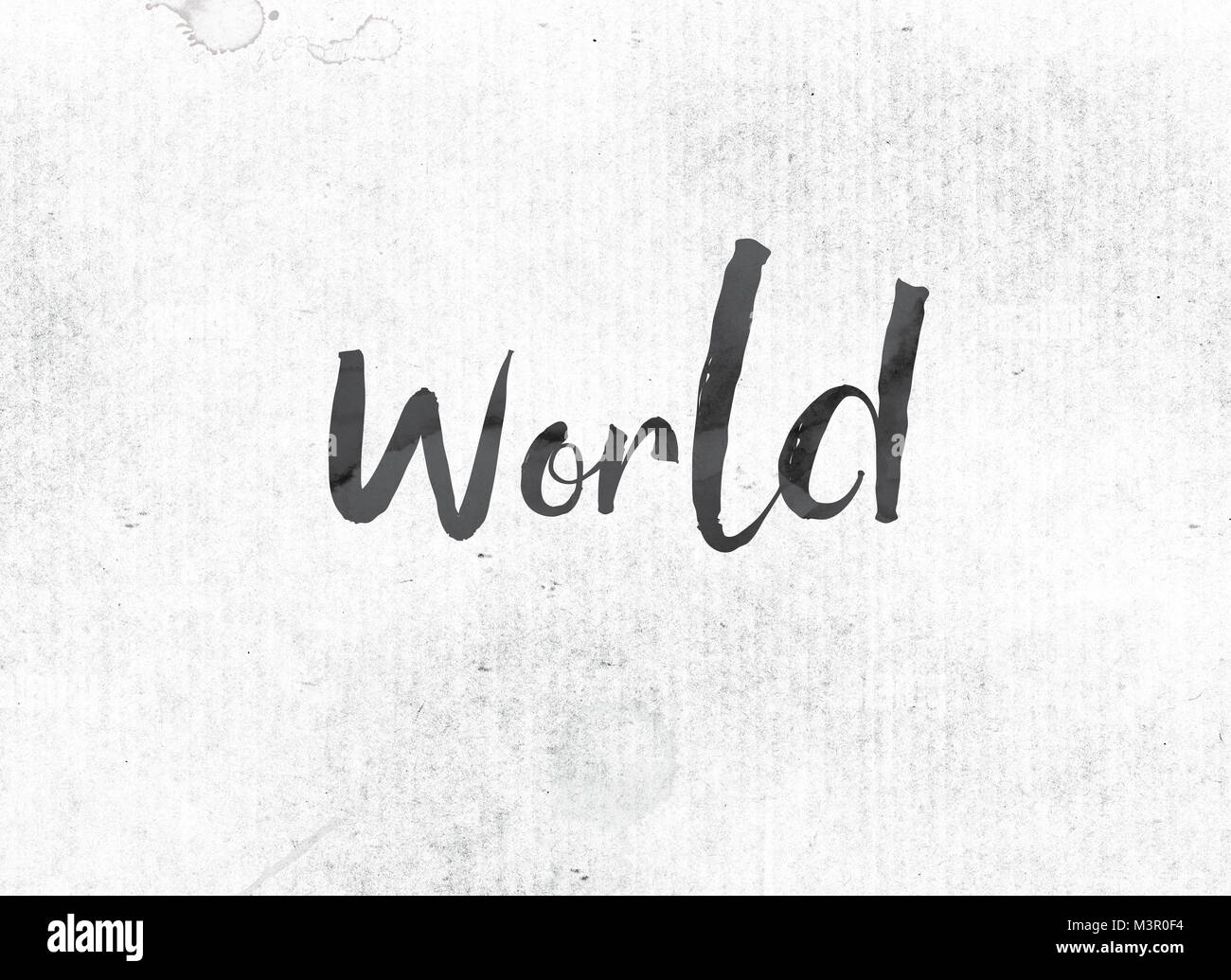The word World concept and theme painted in black ink on a watercolor ...