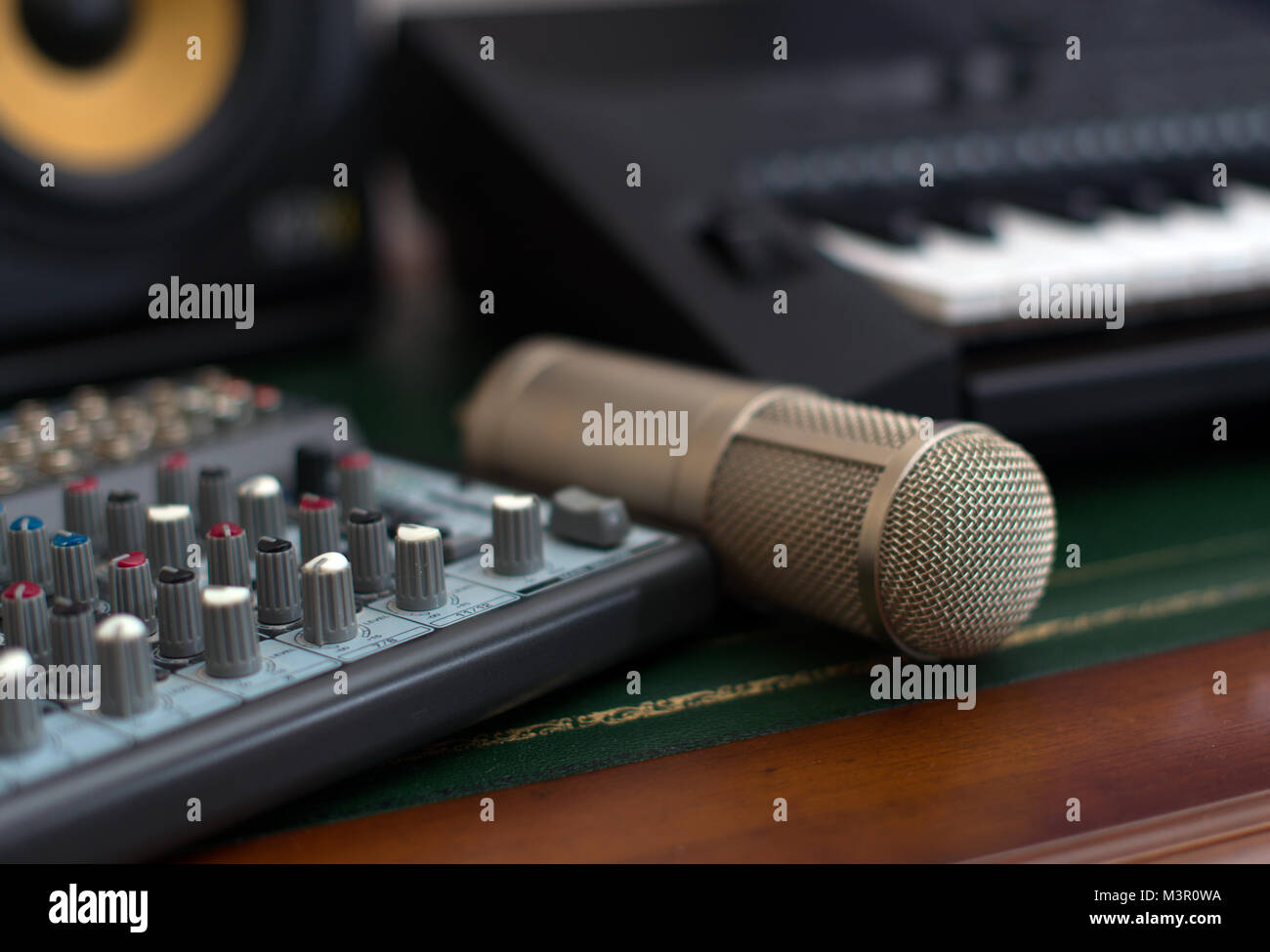 Mixer, condenser microphone and professional monitor. Concept of home ...