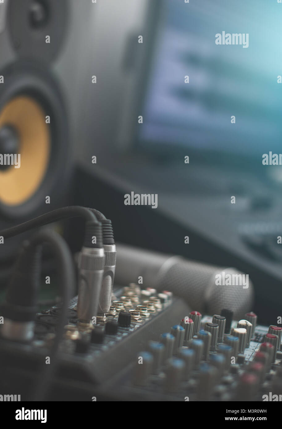 Mixer, condenser microphone and professional monitor. Concept of home ...