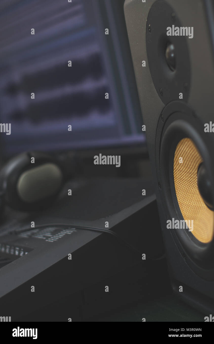 Professional monitor, headphones and pc with music software. Concept of ...