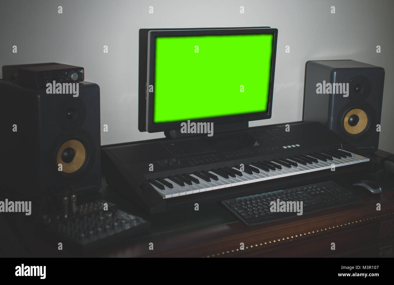 Home recording studio with professional monitors and midi keyboard ...