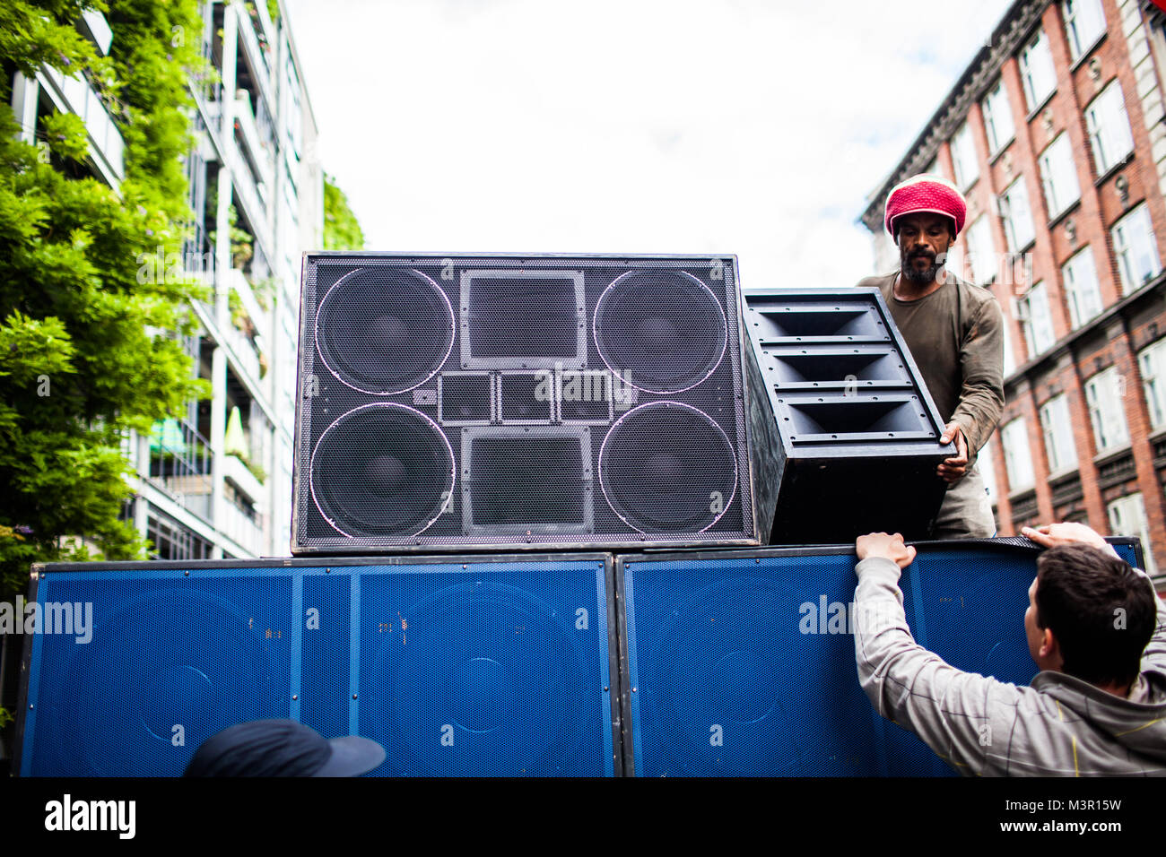 A large stack of speakers are forming the infamous sound system Jah ...