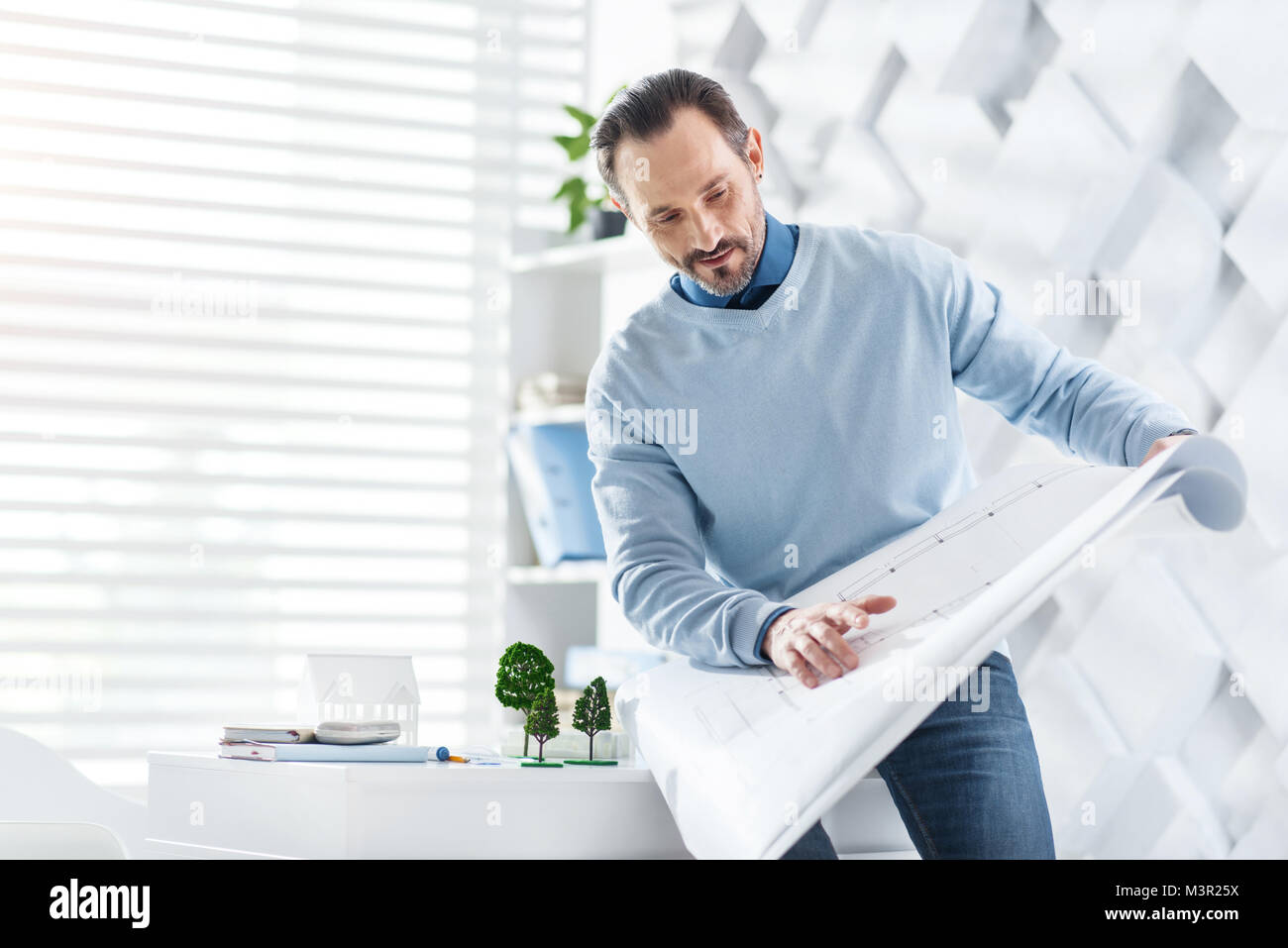 Concentrated architect holding a drawing Stock Photo - Alamy