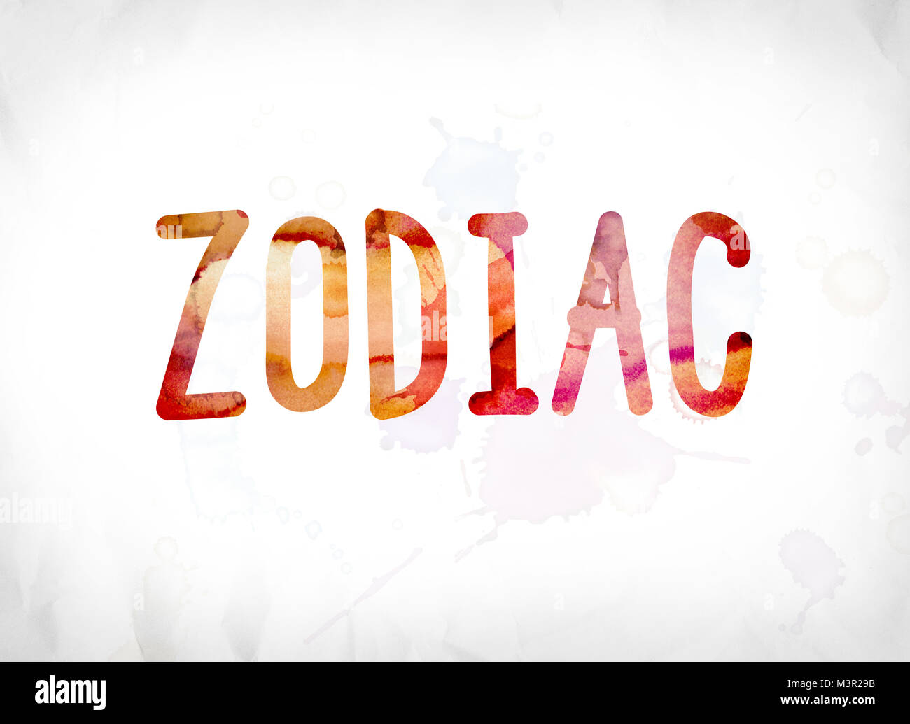 The word Zodiac concept and theme painted in colorful watercolors on a ...