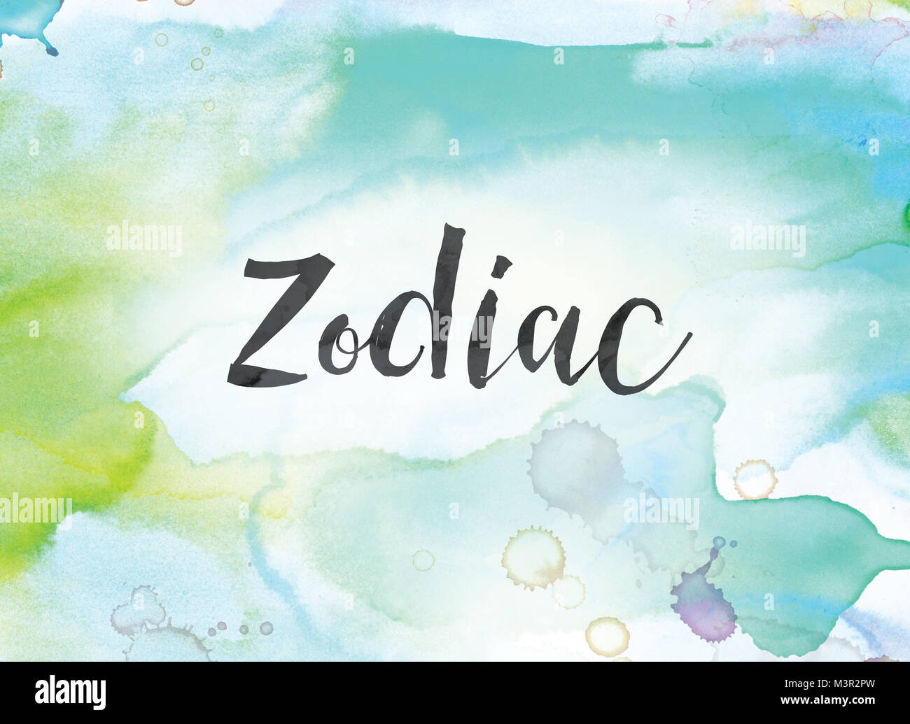 The word Zodiac concept and theme written in black ink on a colorful ...