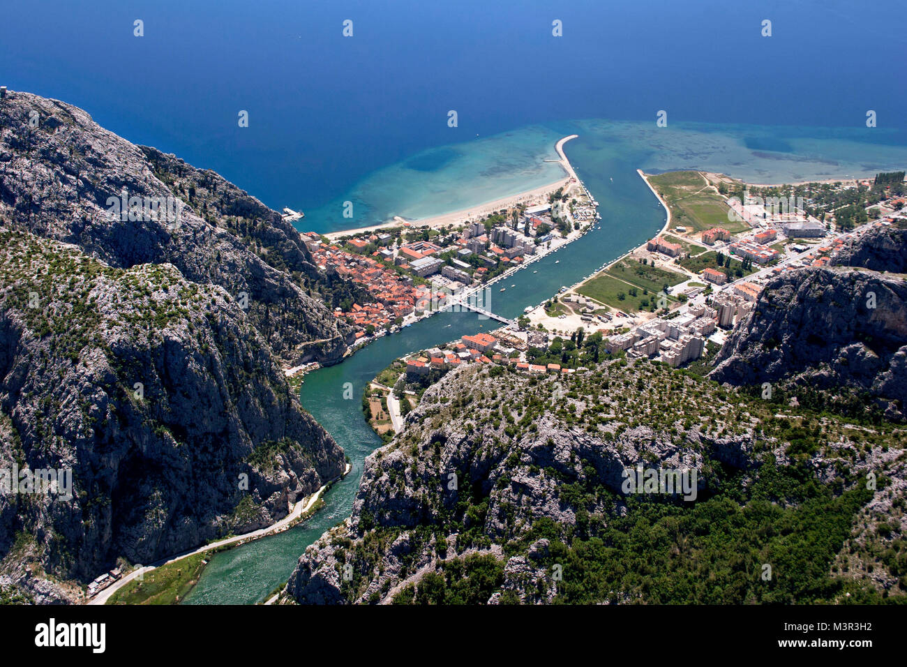 Aerial view - Omis city in Croatia. between Adriatic sea, mountain ...