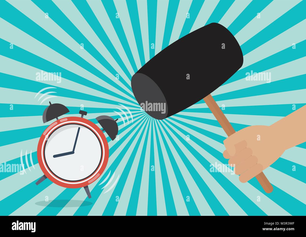 Hand handle a hammer to destroy the alarm clock. Vector illustration ...