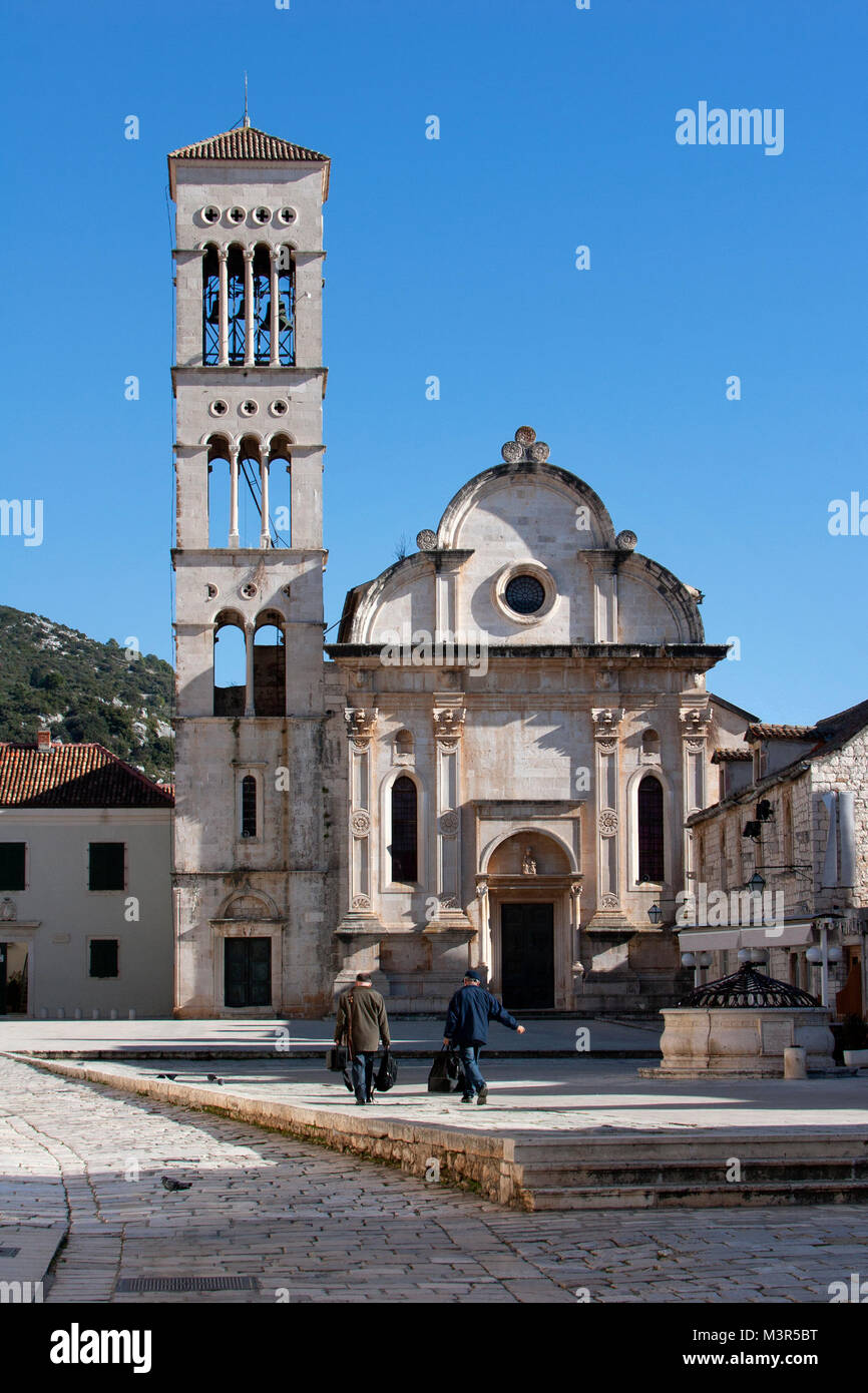 Cathedral of St. Stephen on the eastern side of the town square in Hvar ...