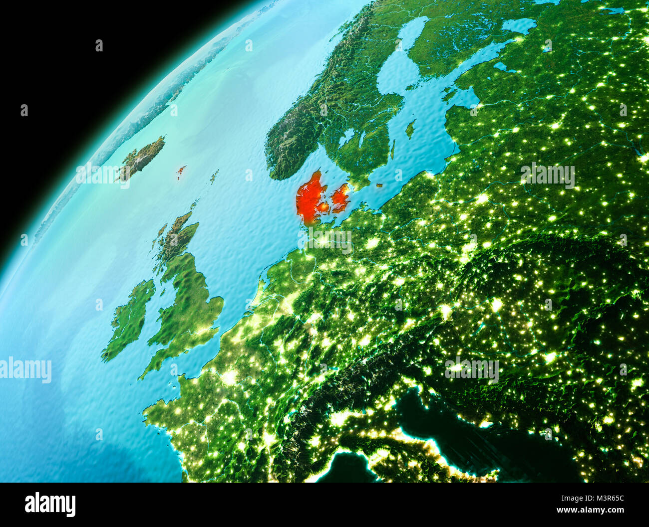 Evening over Denmark as seen from space on planet Earth. 3D ...