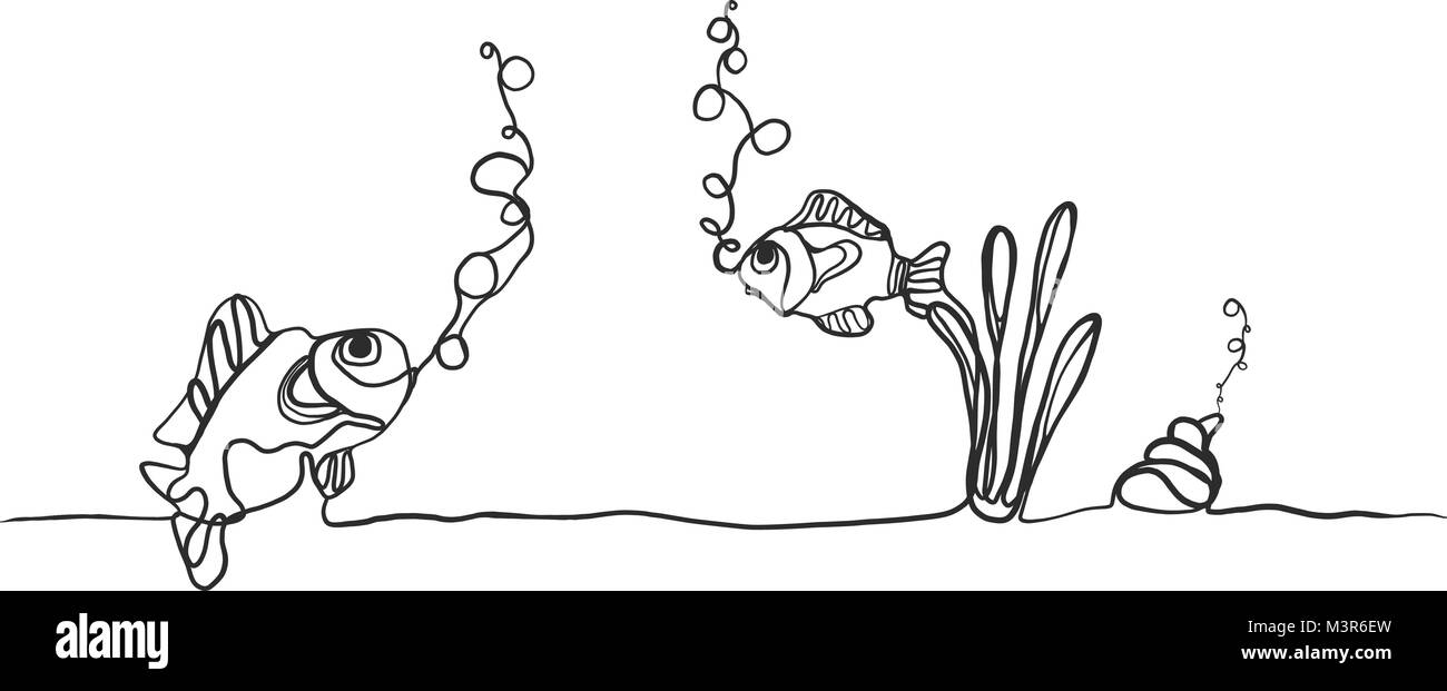 Hand drawing of fishes and shellfish breathing oxygen underwater on ...