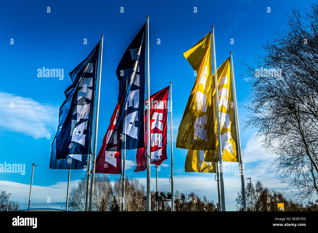 Yellow, blue & red IKEA flags outside store. Warrington, UK. Taken 12th ...