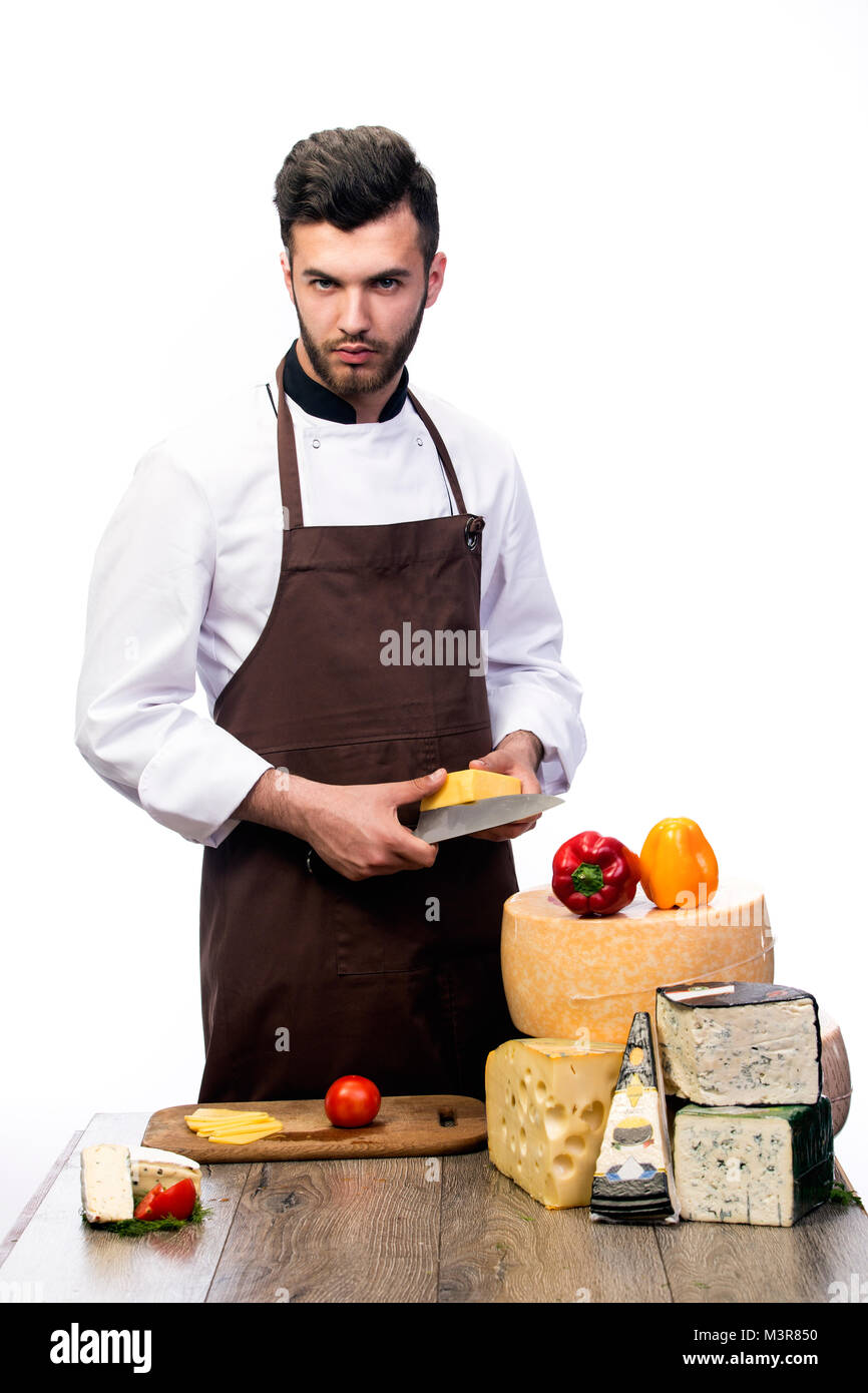 young chef with cheeses isolated on white background, Cheese ...