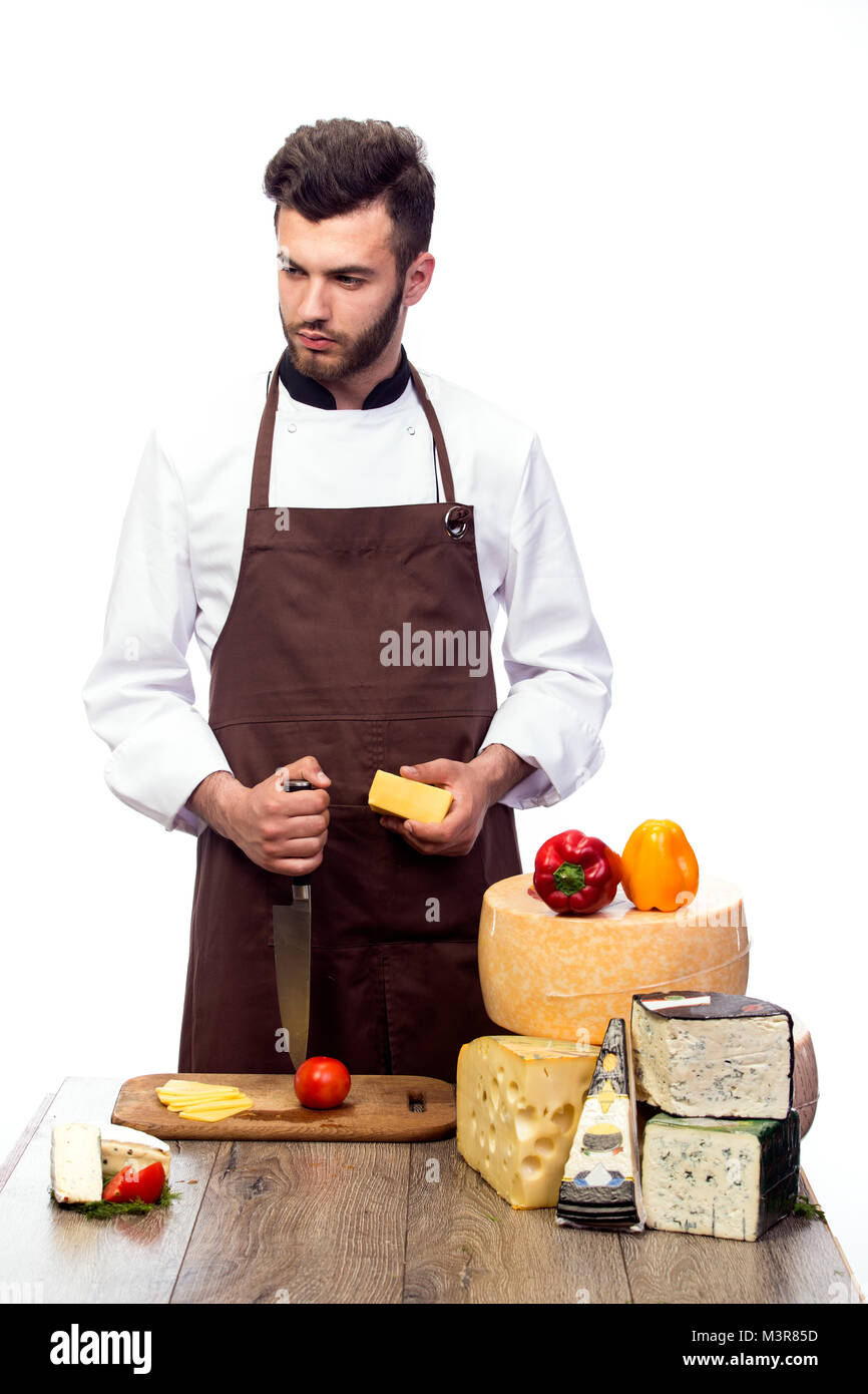 young chef with cheeses isolated on white background, Cheese ...