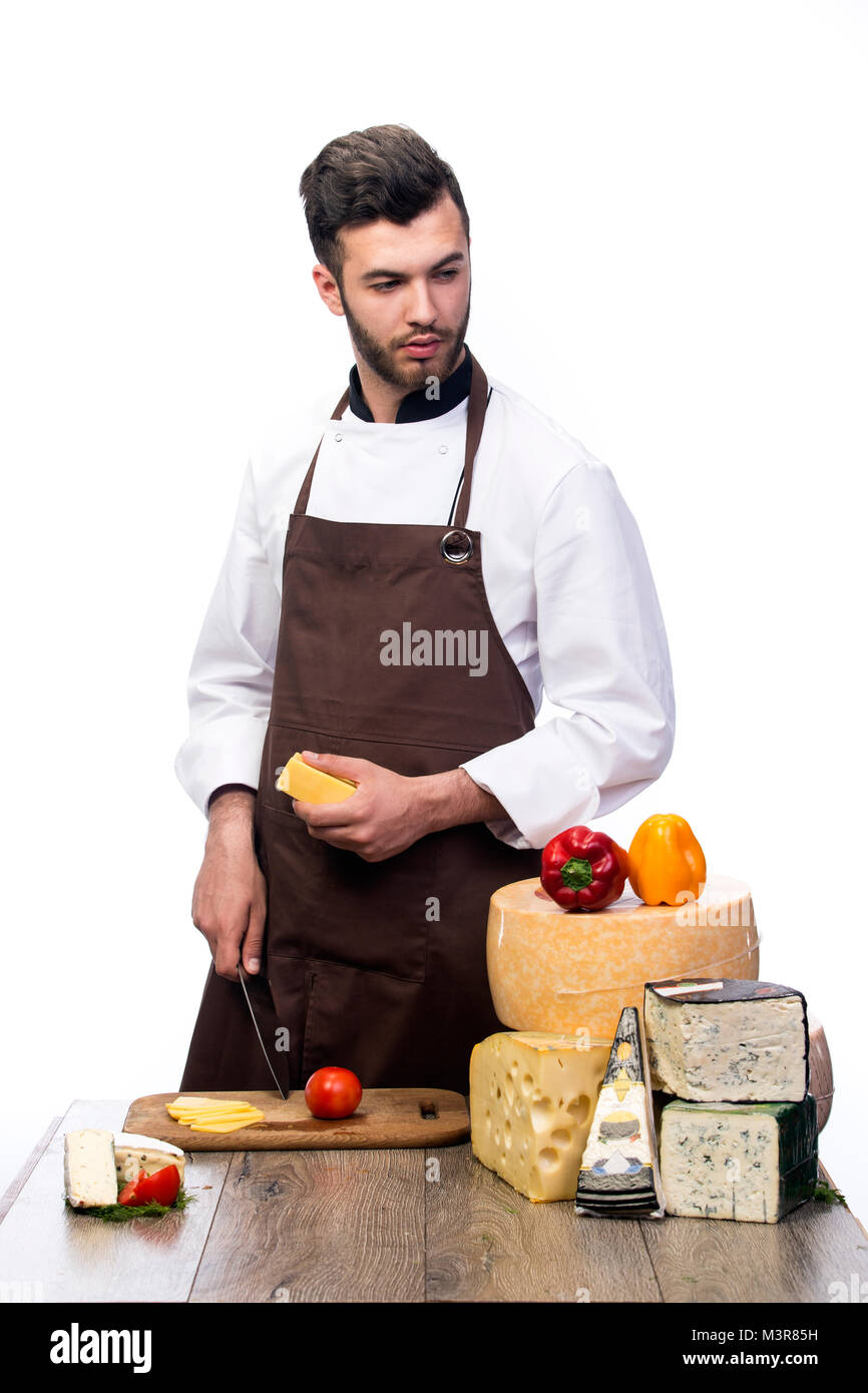 young chef with cheeses isolated on white background, Cheese ...