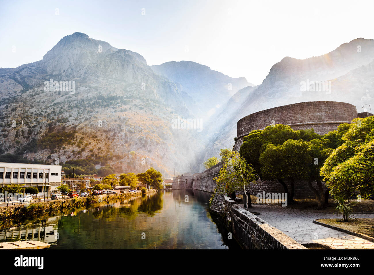 a picturesque mountain landscape, the fortress of the old town of Kotor ...