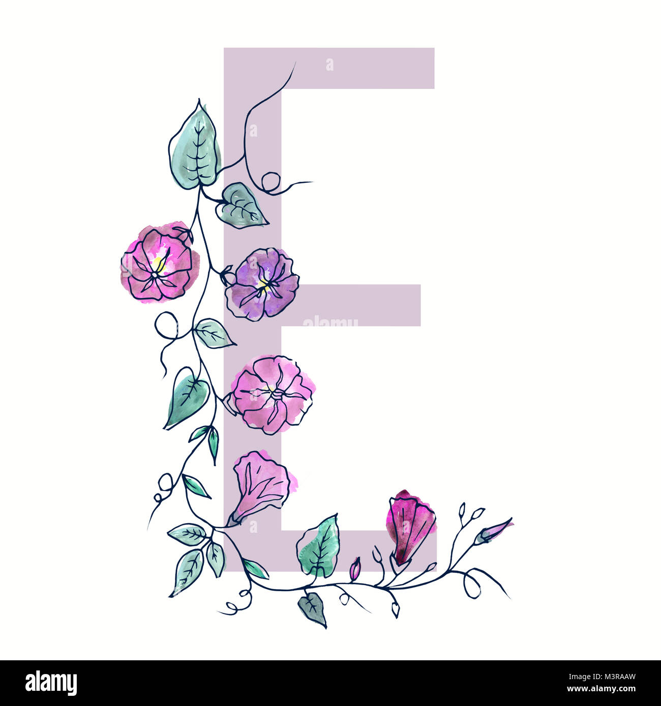 Embellished with a letter of flowers. Watercolor illustration of ...