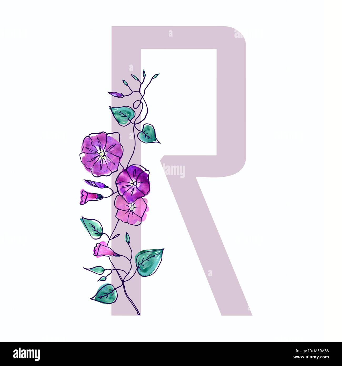 Embellished with a letter of flowers. Watercolor illustration of ...