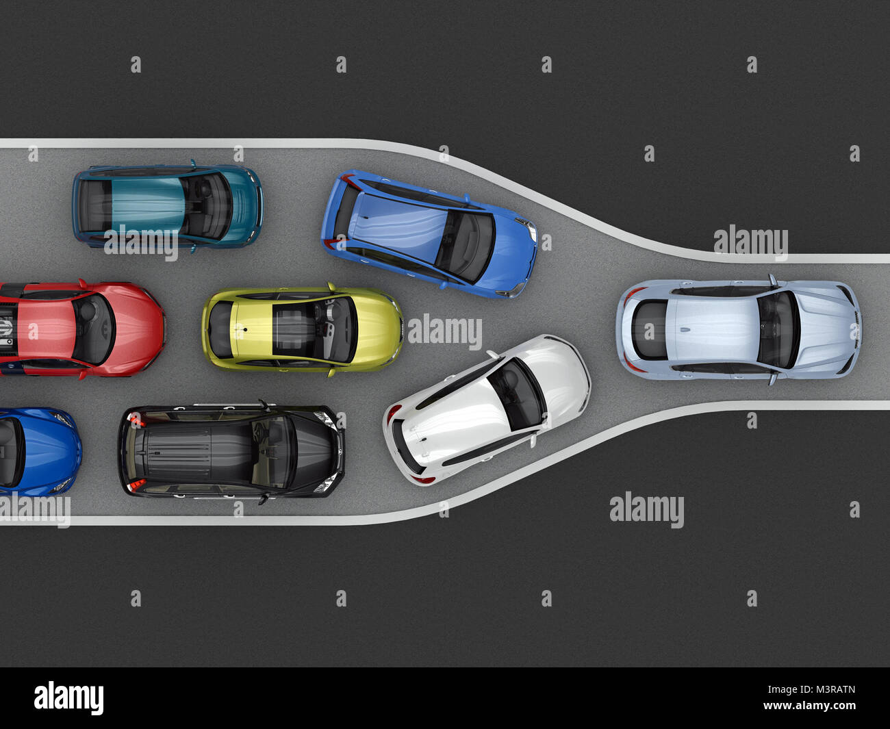 Traffic congestion due to narrowing of the road top view. 3d rendering ...