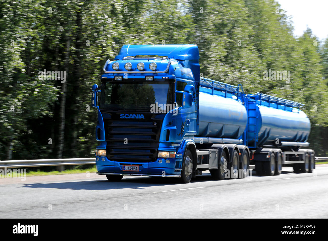 RAASEPORI, FINLAND - AUGUST 17, 2014: Blue Scania tanker truck on the ...