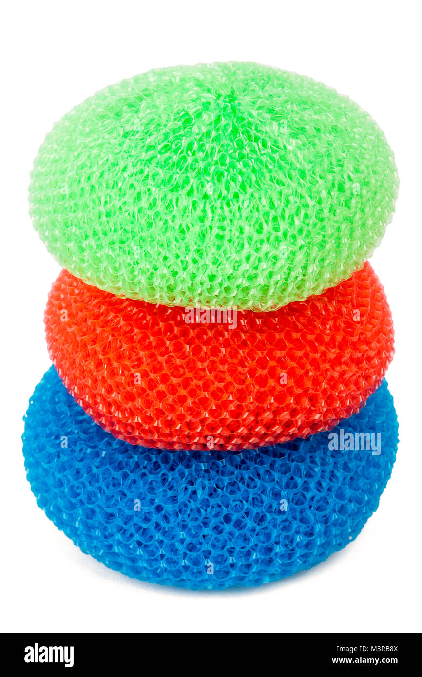 Tower of vibrant plastic scourers isolated on white background Stock ...