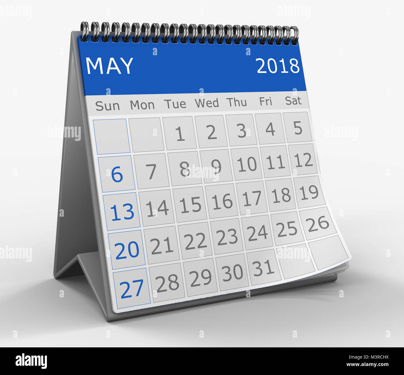 3d illustration of blue square calendar over white background, may ...
