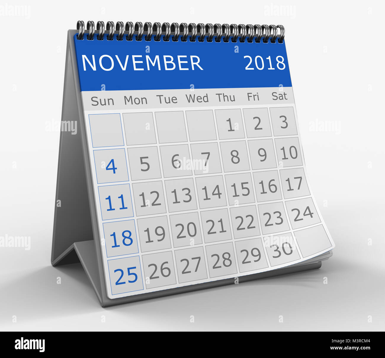 3d illustration of blue square calendar over white background, november ...