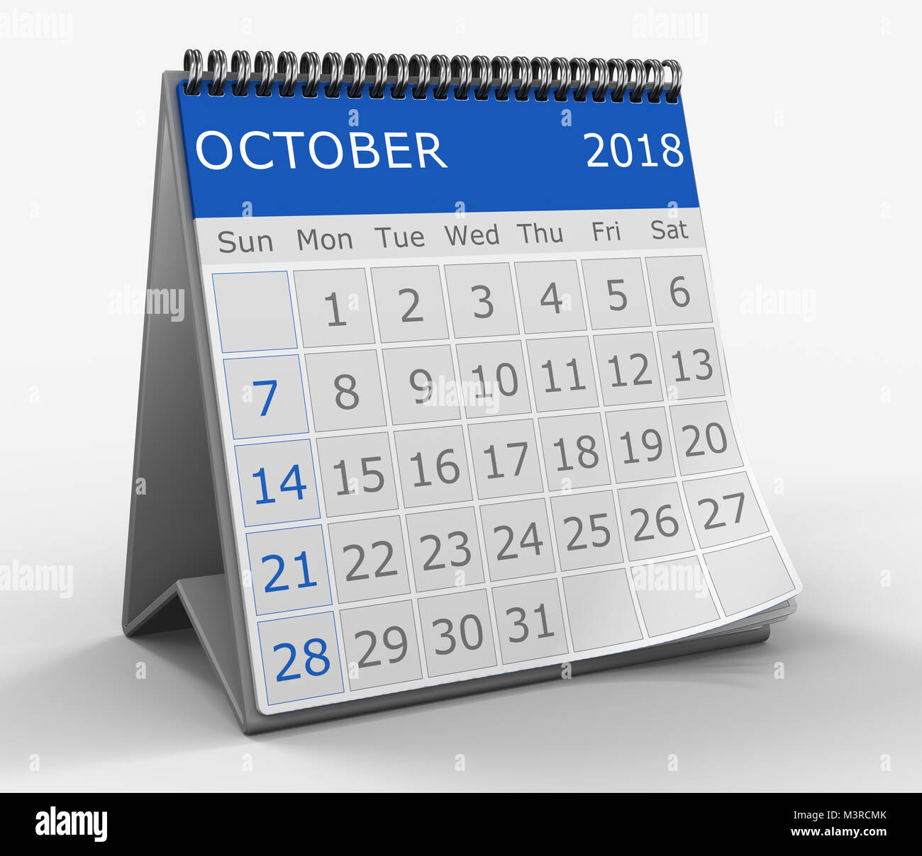 3d illustration of blue square calendar over white background, october ...