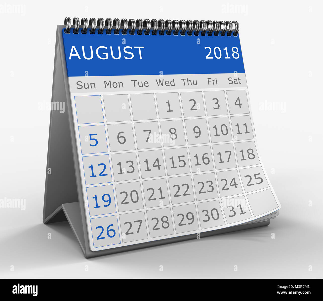 3d illustration of blue square calendar over white background, august ...