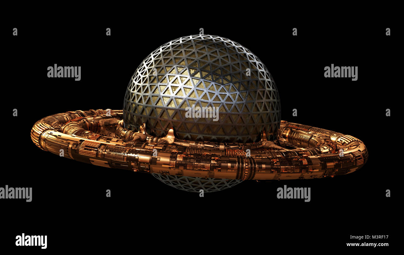 UFO, alien spaceship isolated on black background, flying saucer with ...