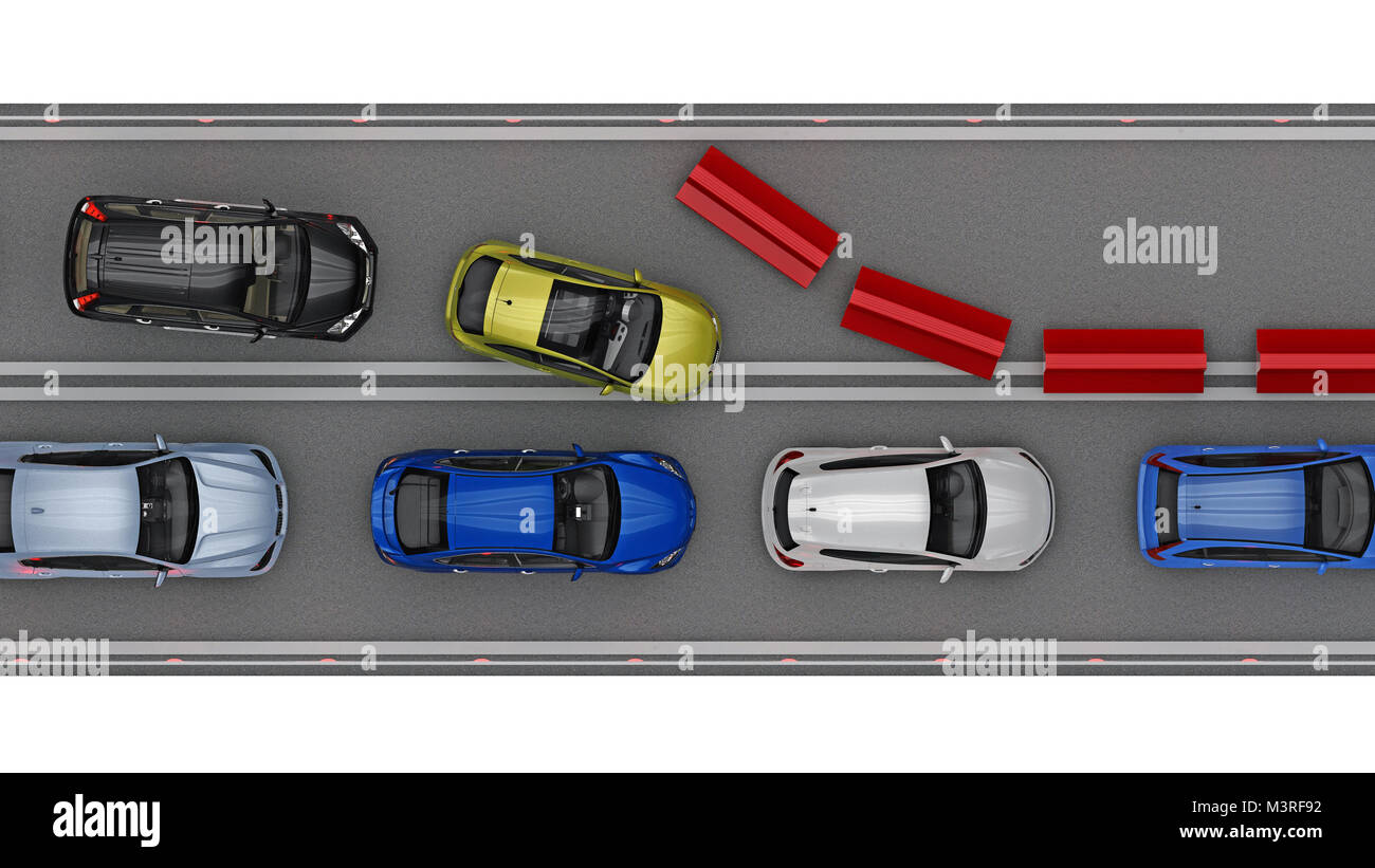 two-way traffic of the road narrows into one. 3d rendering Stock Photo ...