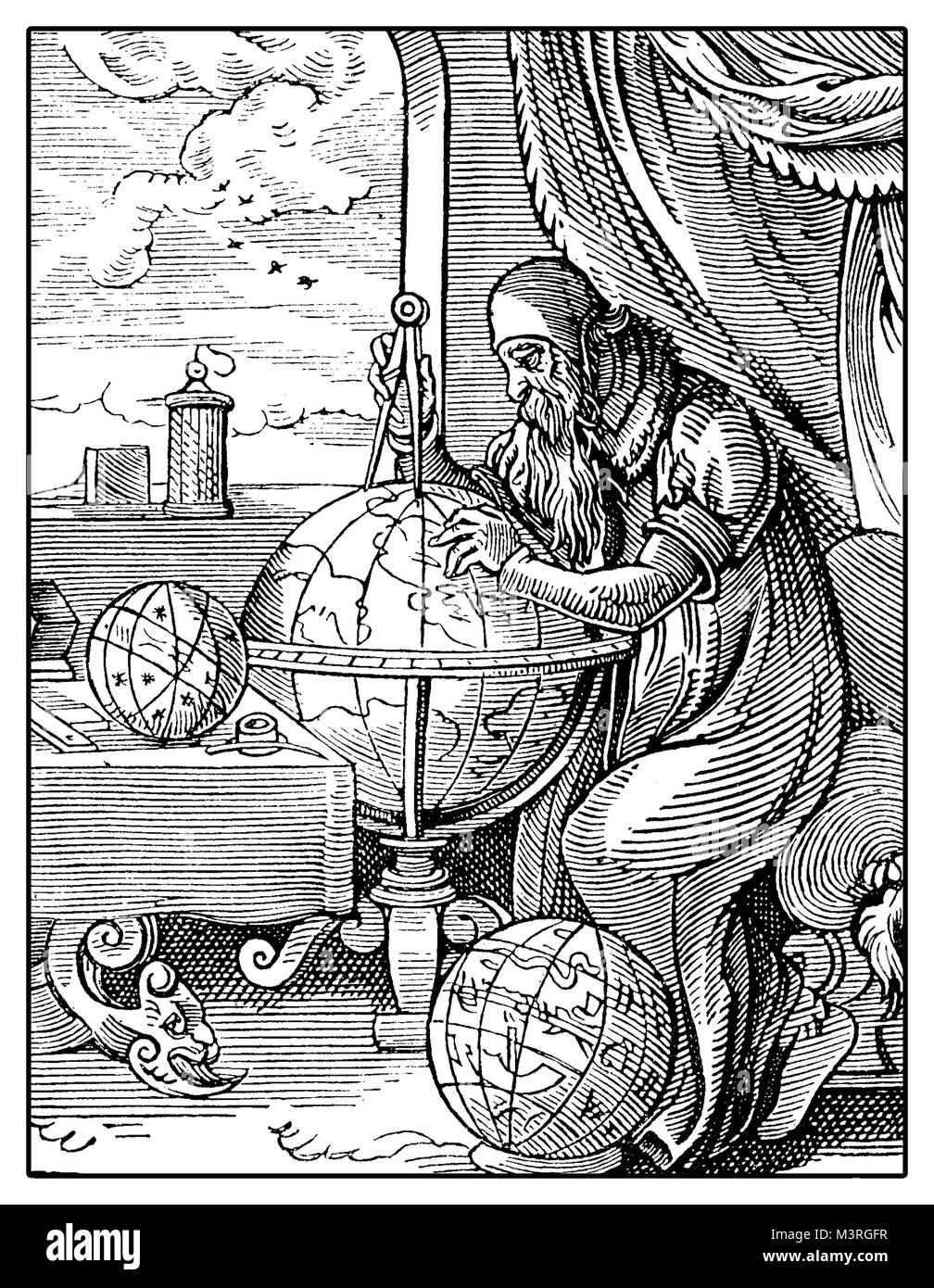 Portrait of medieval geographer with globe and compass at great ...