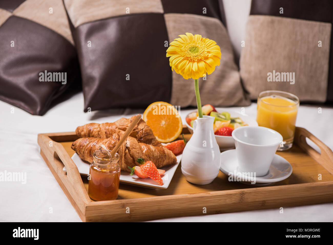 Tray with breakfast food on the bed inside a bedroom Stock Photo - Alamy