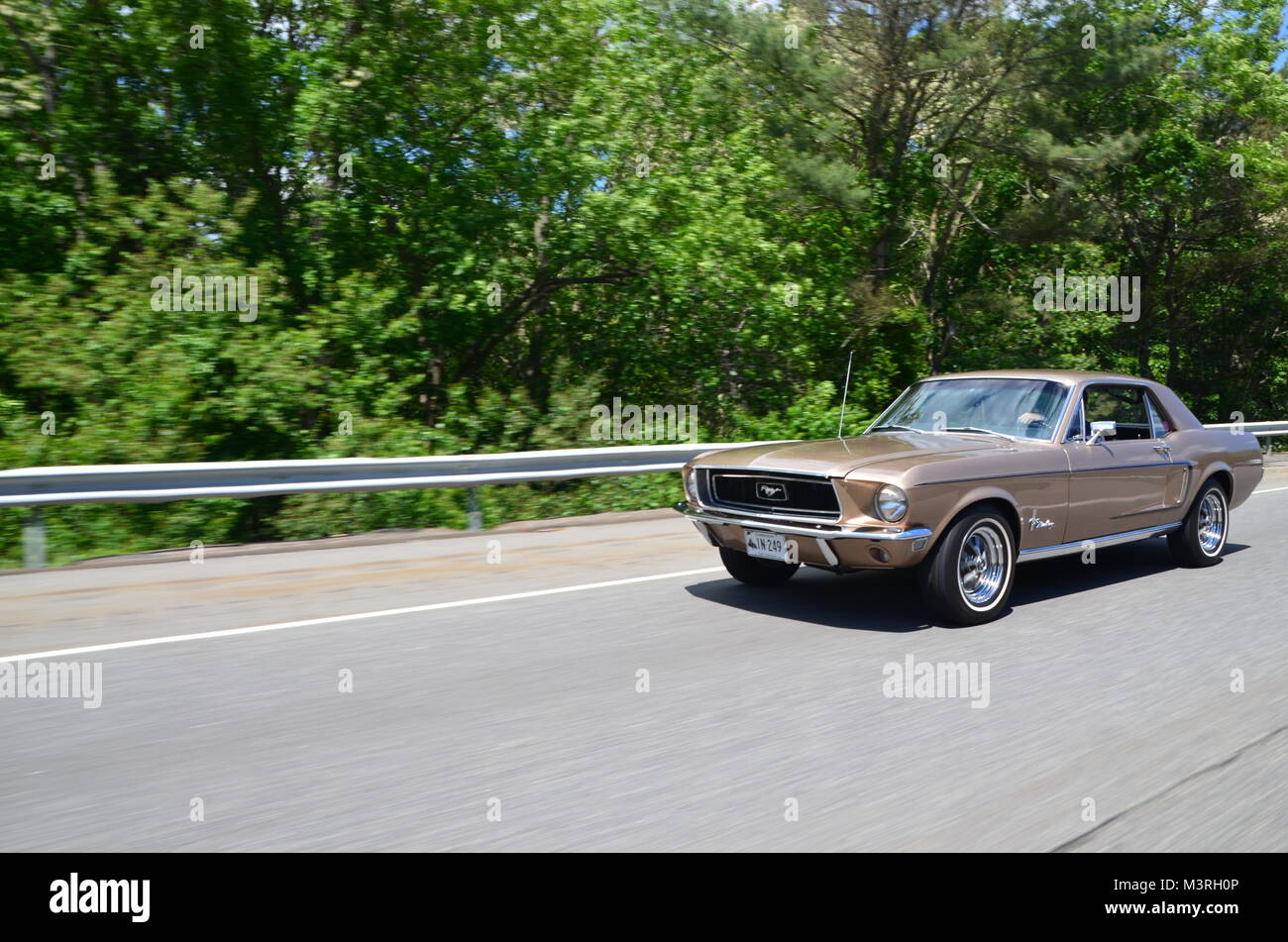 first generation 1965 ford mustang in golden bronze driving down ...