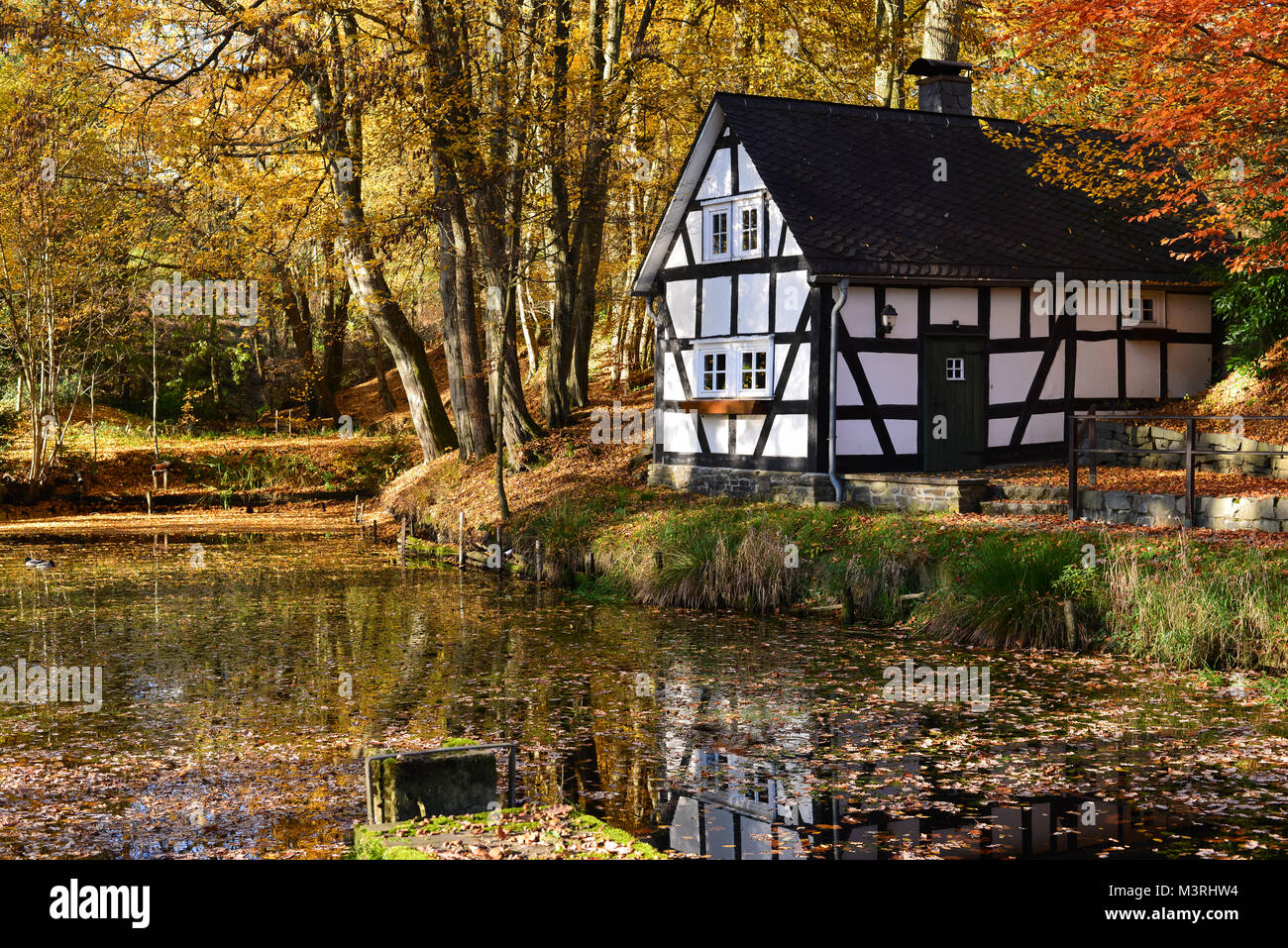 Scenic view of german timber framed black and white house near Siegen ...