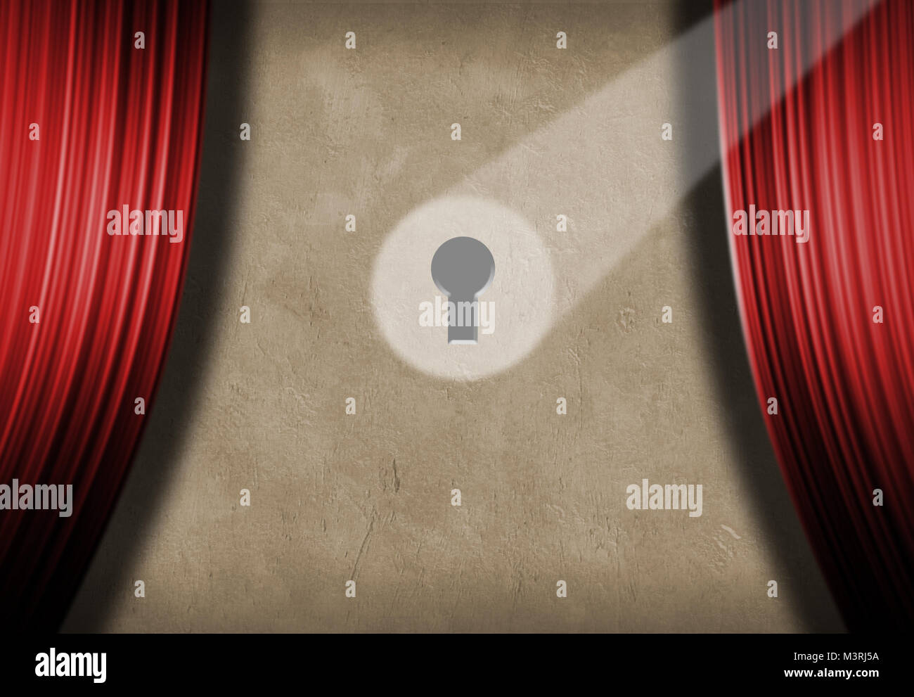 Spoted keyhole on the stage wall with red curtains. 3D rendering Stock ...